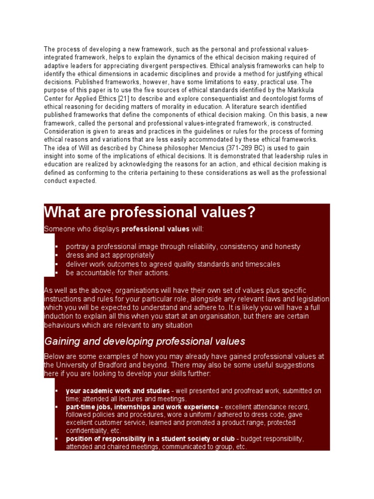 Personal & Professional Values | PDF | Value (Ethics) | Reason