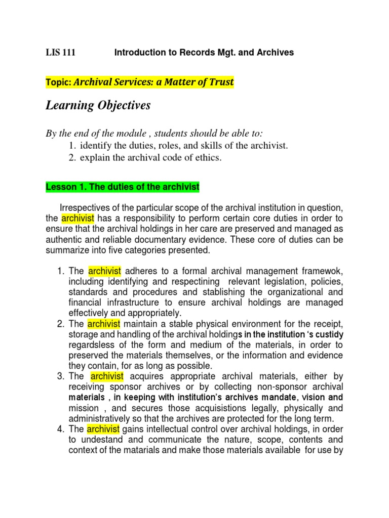 Module 2 LESSON 1 PDF | PDF | Archive | Archivist