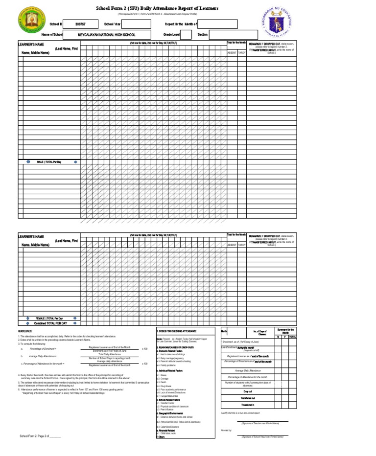 Modified School Form 2 Daily Attendance Report of Learners | PDF ...
