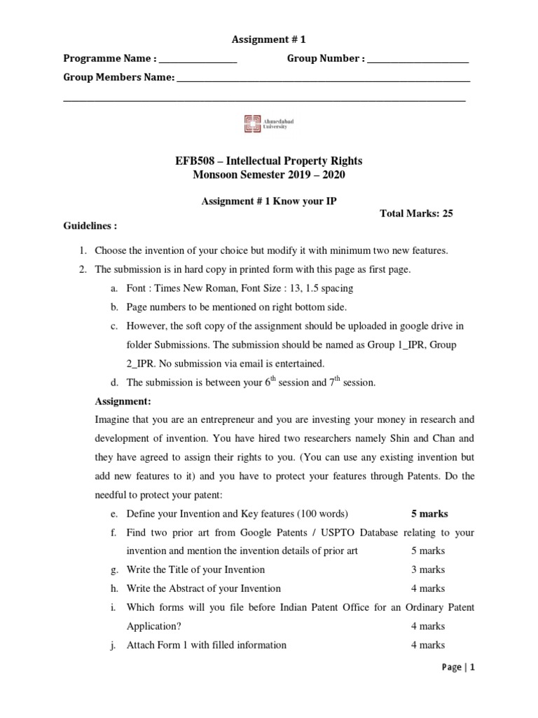 Assignment 1 - IPR - 2019 - 2020 AU PDF | PDF | Intellectual Property | Prior Art