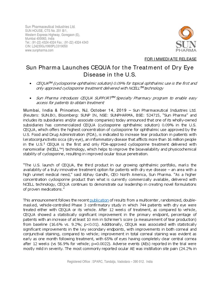 Press Release Launch of CEQUA For The Treatment of Dry Eye Disease in ...