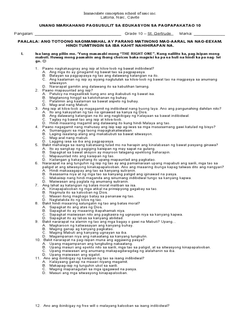 First Quarter Exam ESP 10 | PDF