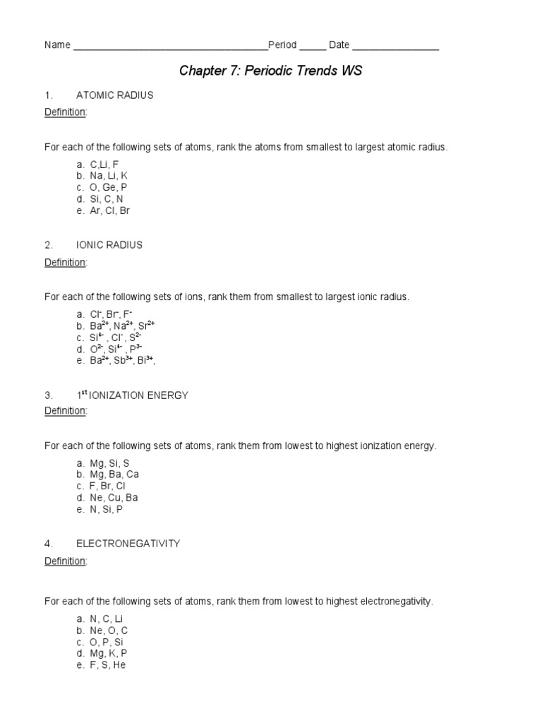 Chapter 7: Periodic Trends WS | PDF | Science & Mathematics