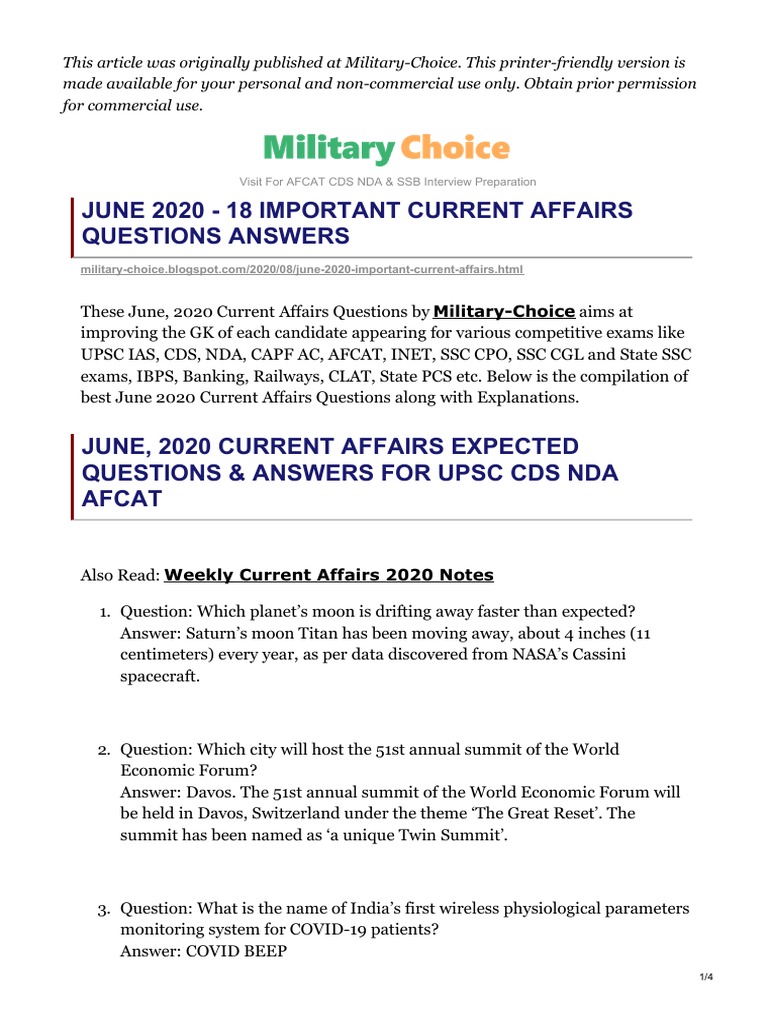 June 2020 - 18 Important Current Affairs Questions Answers | PDF | Nature