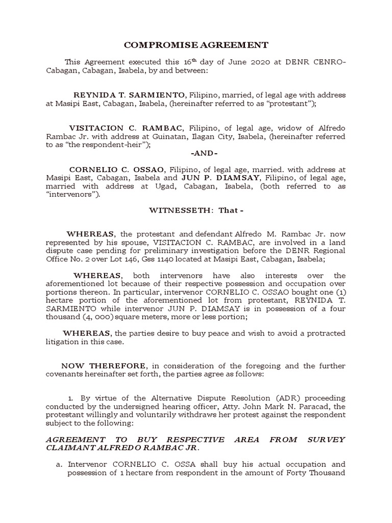 Compromise Agreement: Agreement To Buy Respective Area From Survey ...