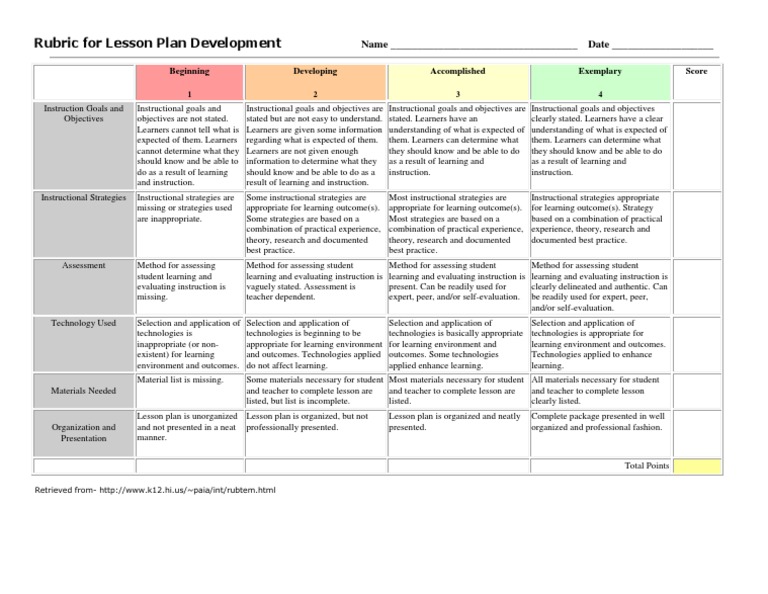 Rubric for Lesson Plan Development | PDF | Lesson Plan | Educational ...