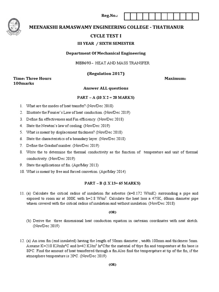 Heat and Mass Transfer: Cycle Test I Exam Questions on Various Heat ...