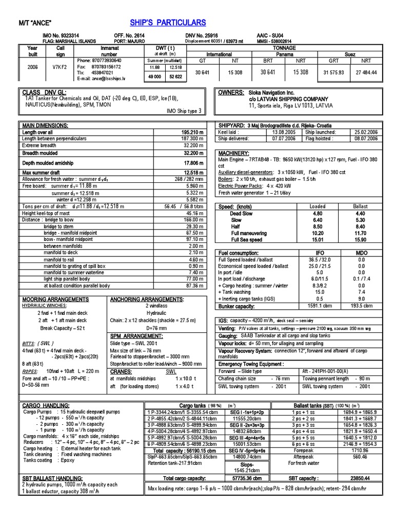 Ship'S Particulars: Class DNV GL: Owners | PDF | Ships | Shipping