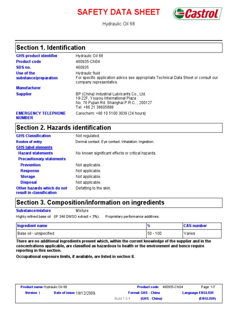 MSDS Hydraulic Oil 68 | PDF | Dangerous Goods | Safety