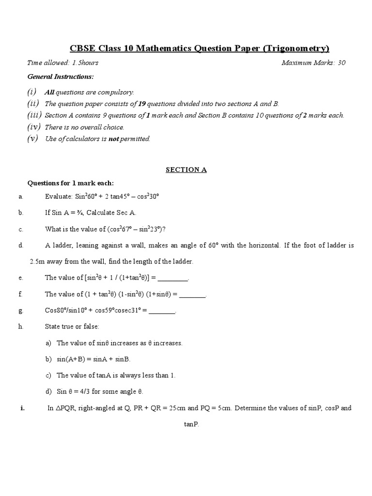 CBSE Class 10 Mathematics Question Paper | PDF | Trigonometric ...