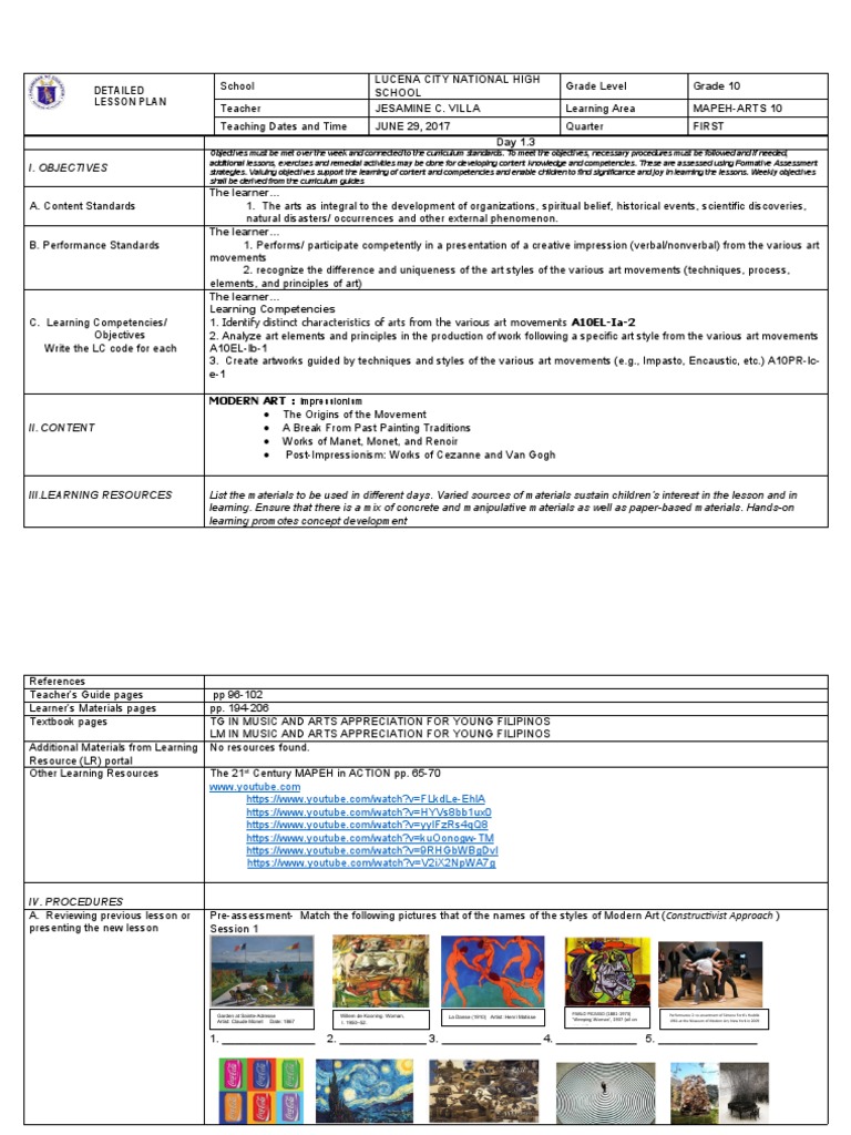 Detailed Lesson Plan: Ii. Content | PDF | Impressionism | Pierre ...