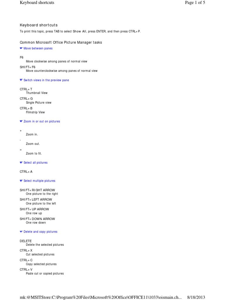 Keyboard Shortcuts: Common Microsoft Office Picture Manager Tasks | PDF ...