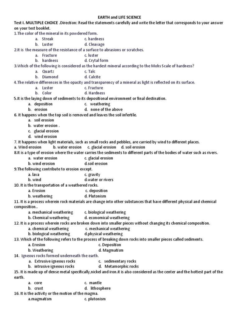 Earth and Life Science Test I. MULTIPLE CHOICE .Direction: Read The ...