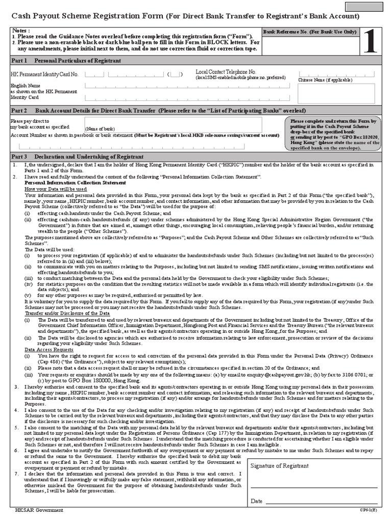 Cash Payout Scheme Registration Form: (For Direct Bank Transfer To ...