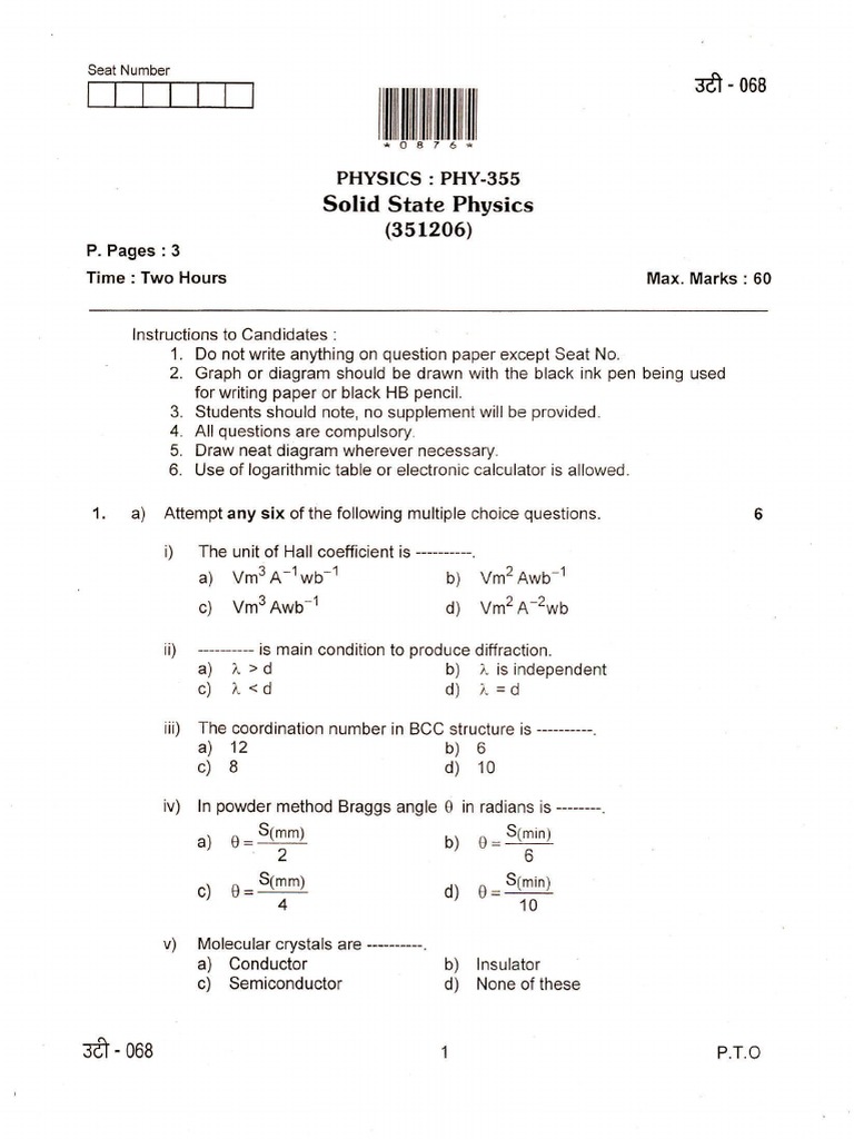 Solid State Physics Exam Instructions | PDF | Crystal Structure | X Ray ...