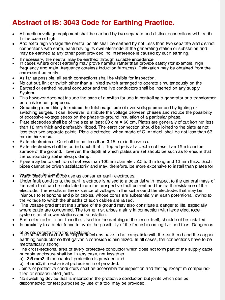 Abstract of IS: 3043 Code For Earthing Practice | PDF | Electrical ...