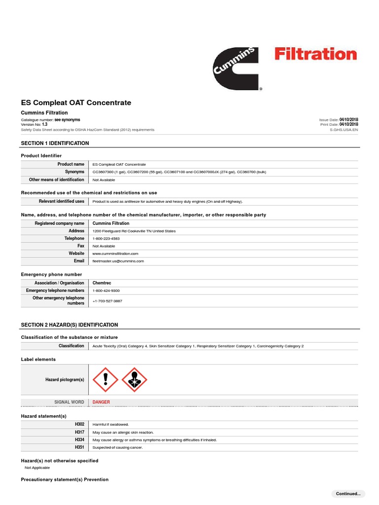 ES Compleat OAT Concentrate SDS US Final | PDF | Chlorine | Fires