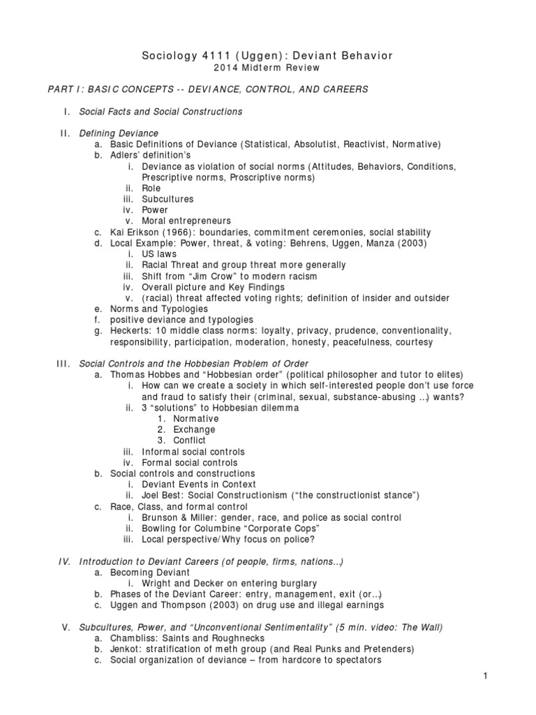 Sociology 4111 (Uggen) : Deviant Behavior: Part I: Basic Concepts - Deviance, Control, and ...