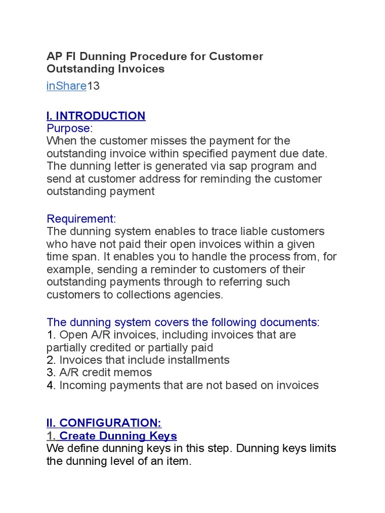 AP FI Dunning Procedure For Customer Outstanding Invoices | PDF ...