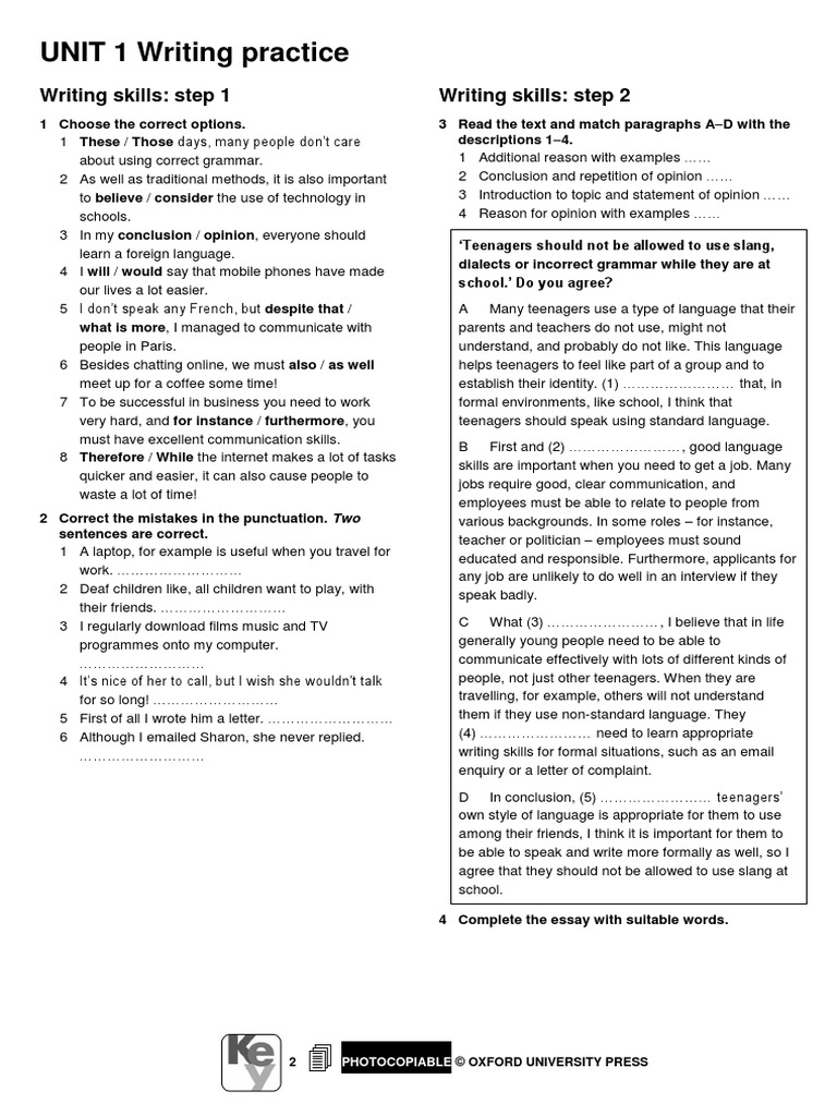 UNIT 1 Writing Practice: Writing Skills: Step 1 Writing Skills: Step 2 ...