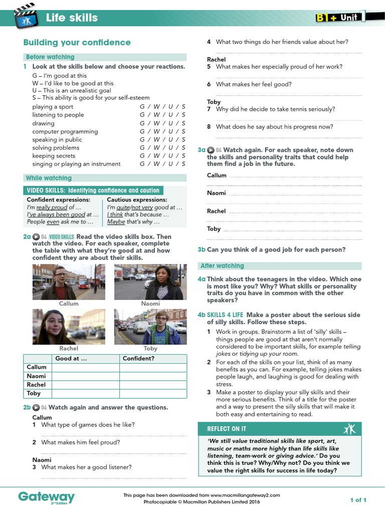 B1+ UNIT 1 Life Skills Video Worksheet | PDF | Cognition ...