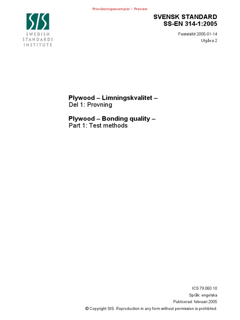 Svensk Standard SS-EN 314-1:2005: Del 1: Provning | Download Free PDF ...