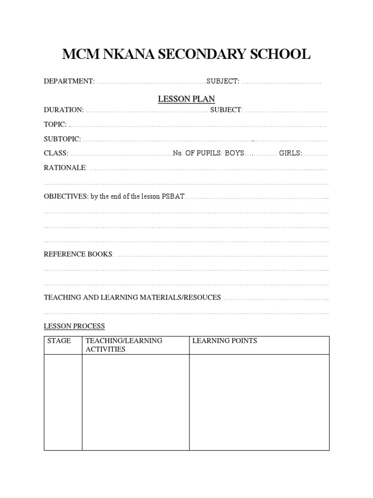 MCM Nkana Secondary School: Lesson Plan | PDF