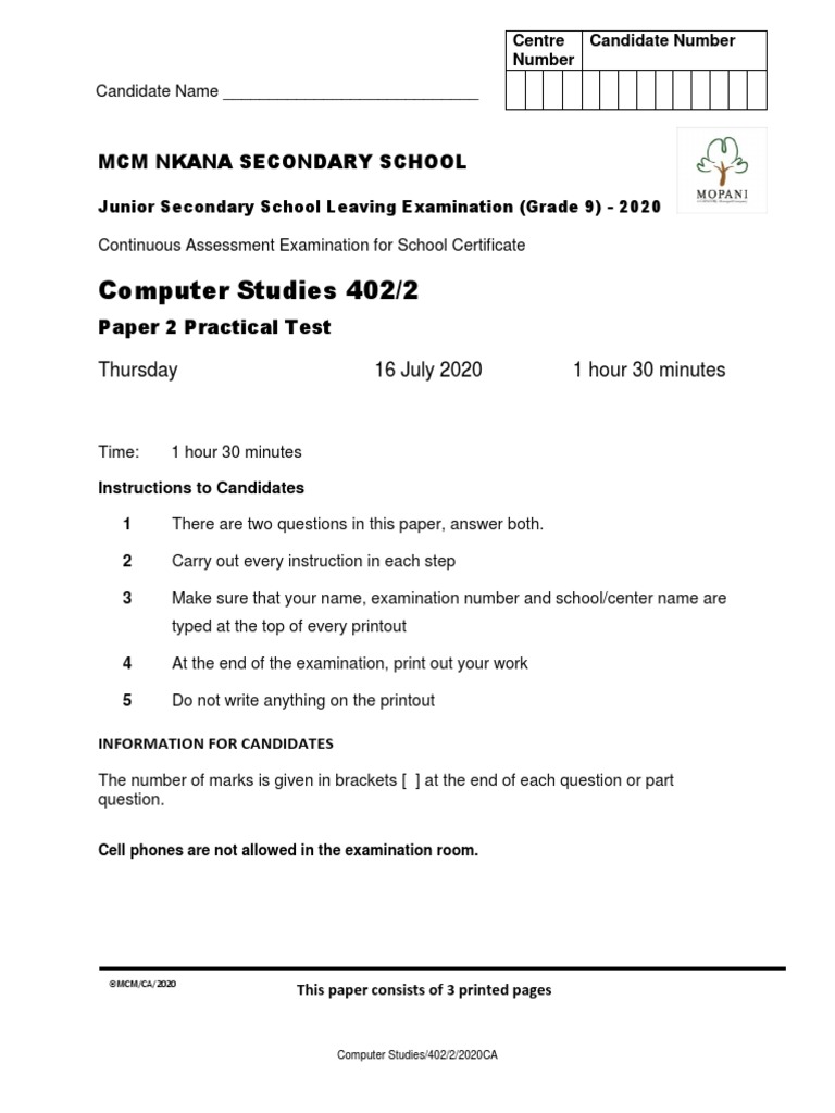 Grade 9 Ca Practical - 2020 | PDF | Test (Assessment) | Computing