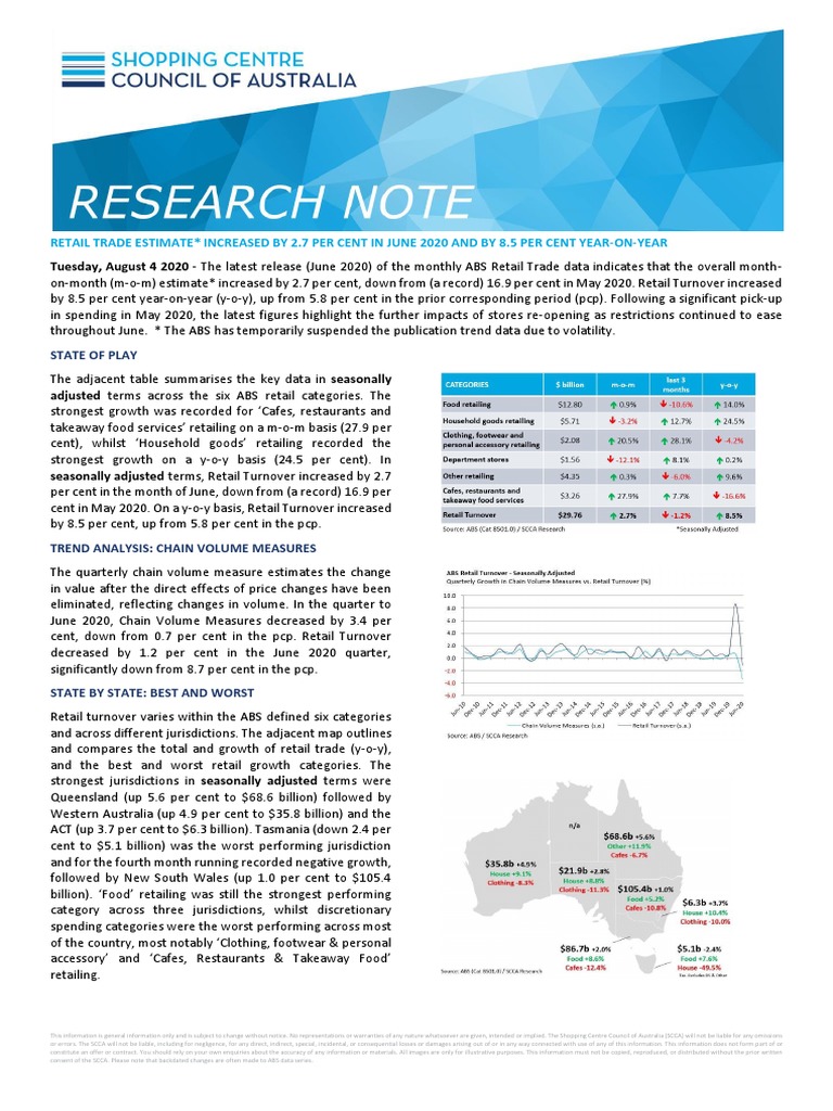 Retail Trade Estimate Increased by 2.7 Per Cent in June 2020 and by 8.5 ...