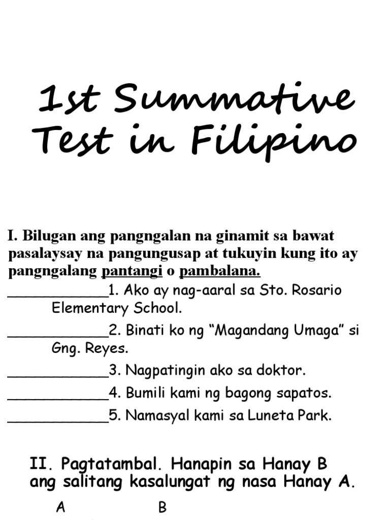 1st Summative Test in Filipino | PDF