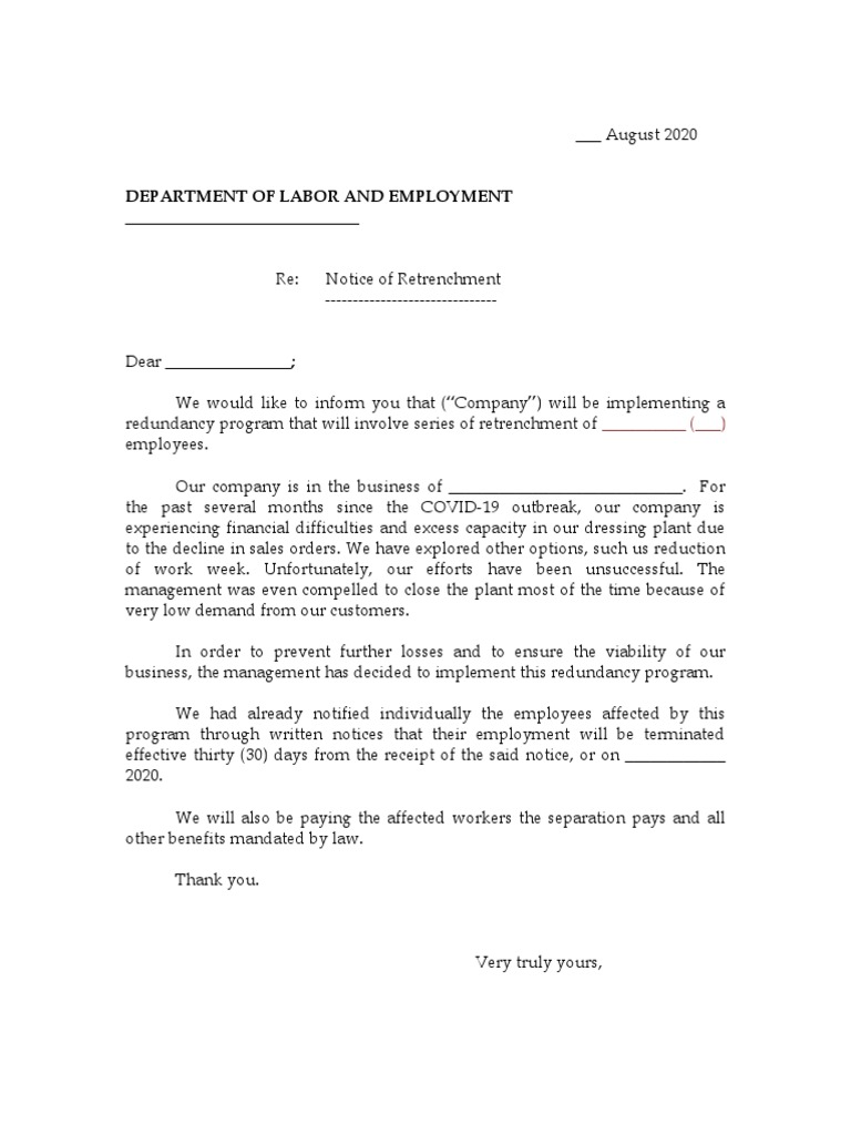 Notice To DOLE - Retrenchment Due To COVID | PDF