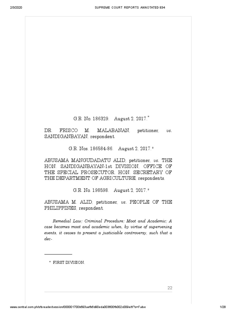Malabanan vs. Sandiganbayan 834 SCRA 21 02aug2017 | PDF | Mootness | Crime & Violence