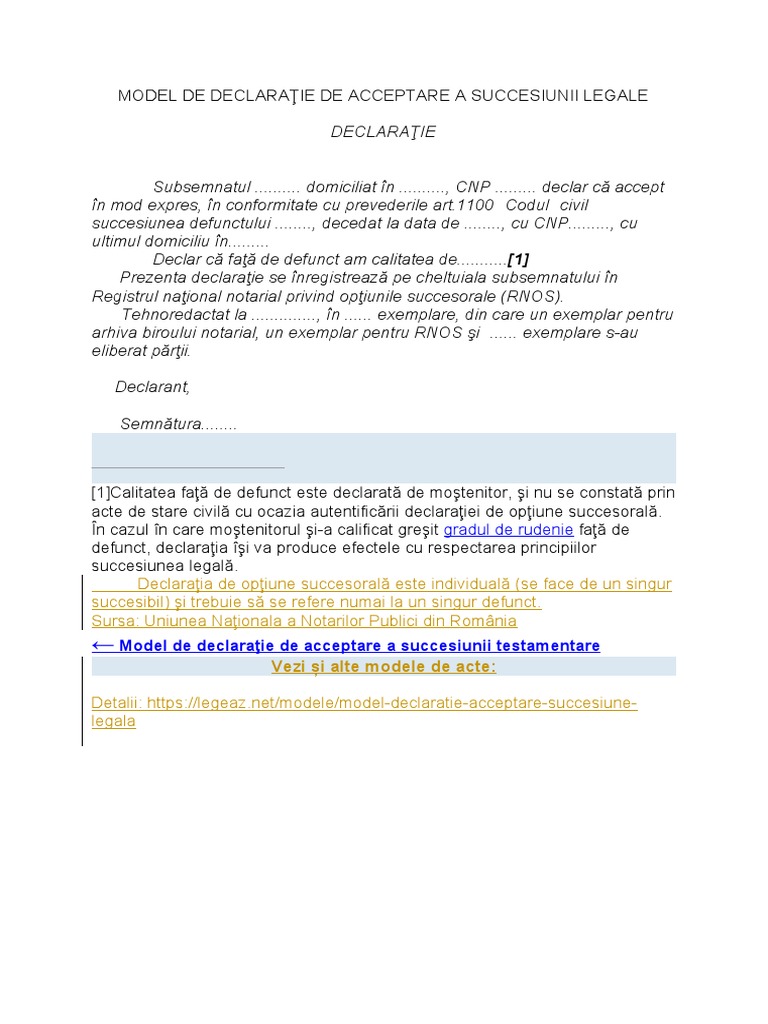 Model de Declaraţie de Acceptare A Succesiunii Legale | PDF