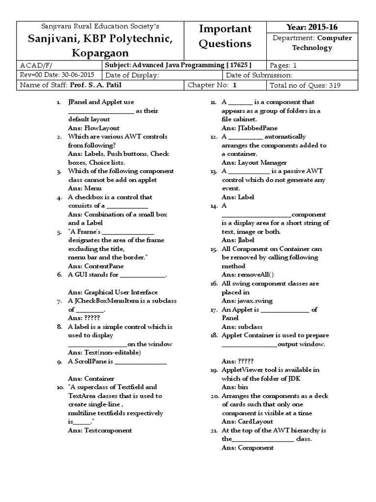 Advanced Java Programming Questions | PDF | Method (Computer ...