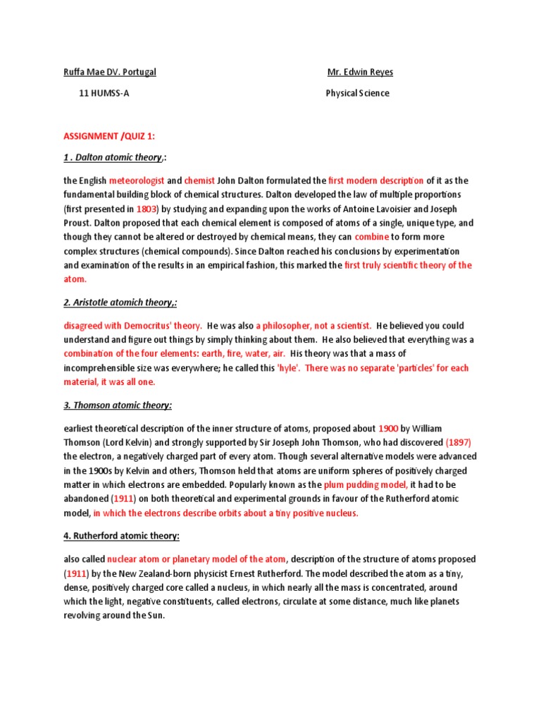 Assignment /quiz 1:: 1 - Dalton Atomic Theory | Download Free PDF ...