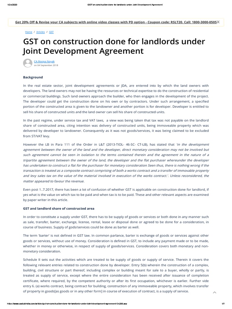 GST On Construction Done For Landlords Under Joint Development ...