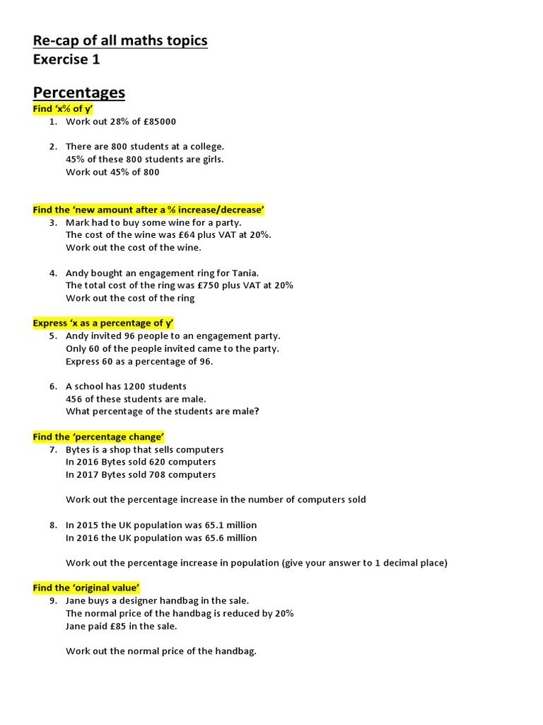 3a Re-Cap Maths Exercise 1 | PDF