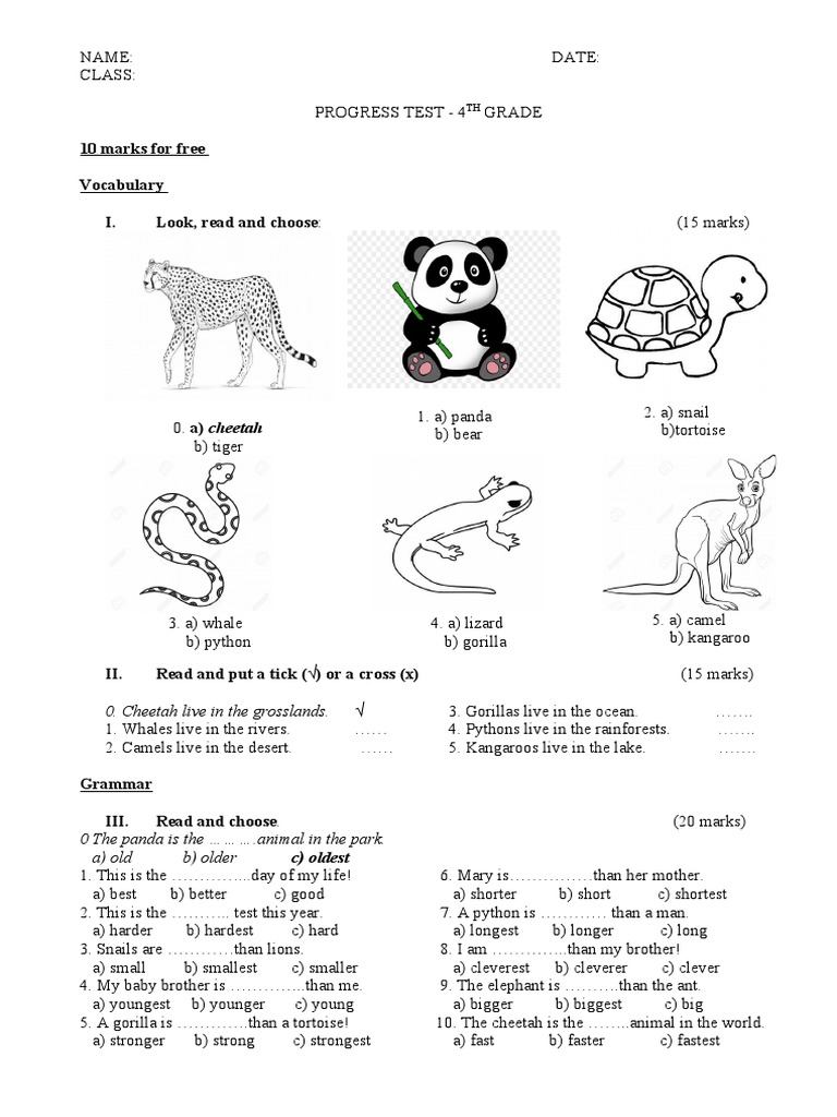 Progress Test (Animals) 4th Grade Sem II | PDF