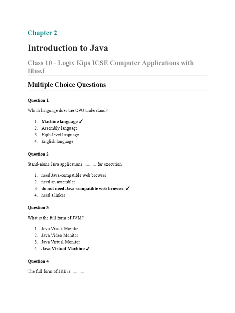 Introduction To Java: Class 10 - Logix Kips Icse Computer Applications With Bluej | PDF | Java ...