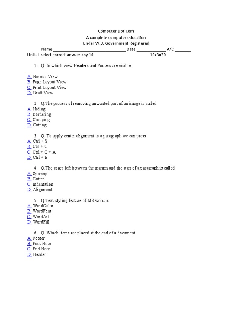 Word 2010 MCQ | Download Free PDF | Menu (Computing) | Page Layout