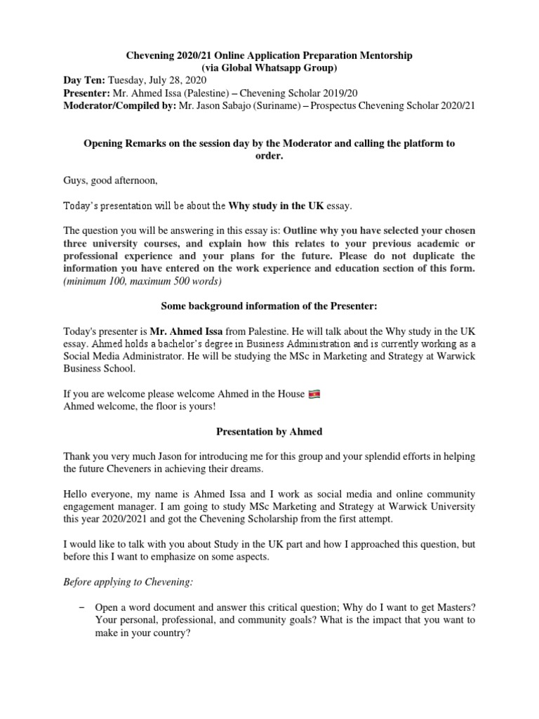 Chevening Application Preparation Mentorship Why Study in The UK PDF ...