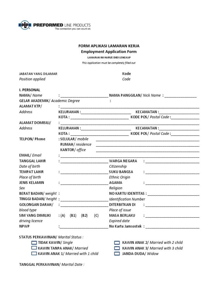Form Aplikasi Lamaran Kerja Employment Application Form: Position ...
