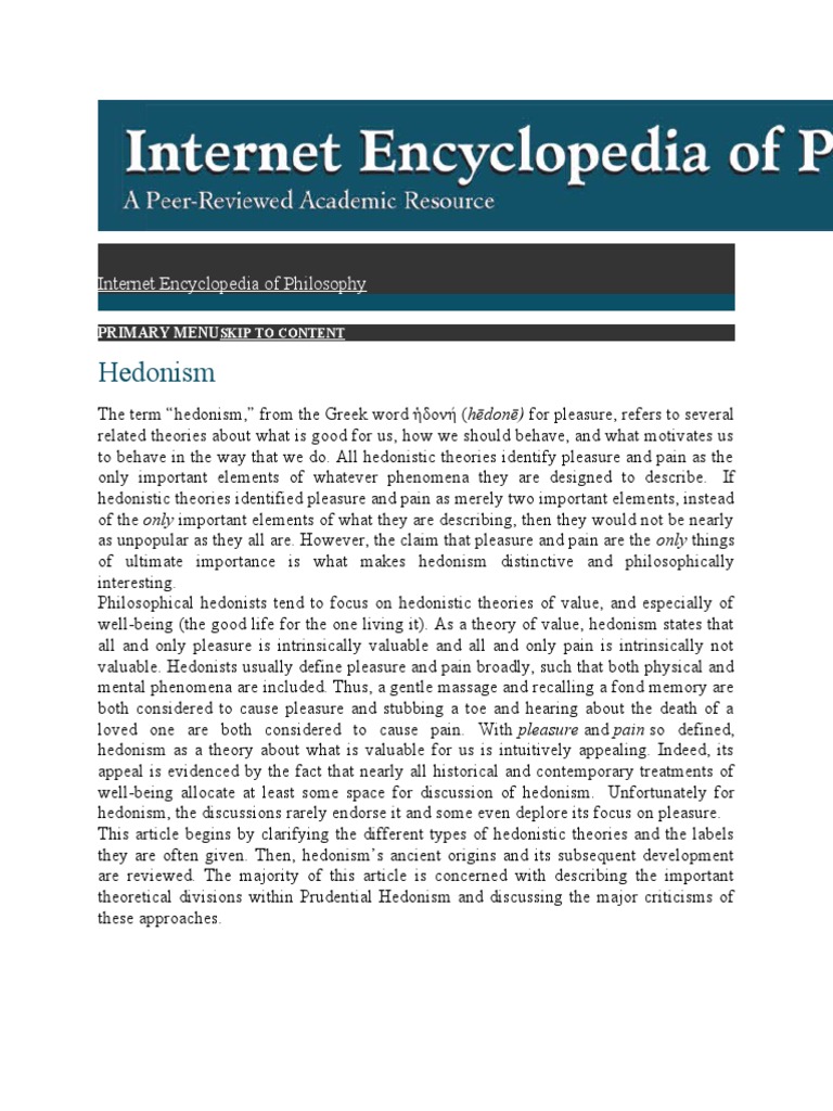 Hedonism: Internet Encyclopedia of Philosophy | PDF | Hedonism | Utilitarianism