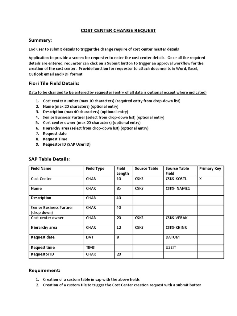 Cost Center Change Request Summary:: Optional Except Where Indicated ...