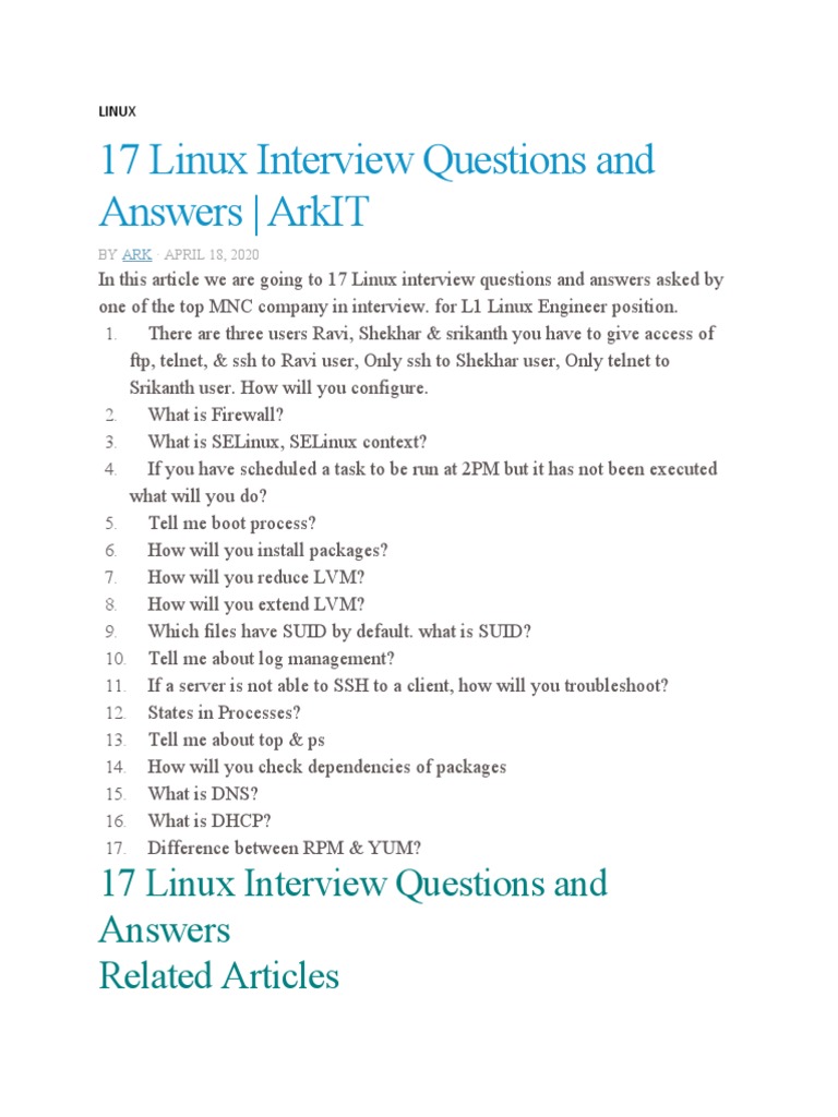 17 Linux Interview Questions and Answers Related Articles | PDF | Secure Shell | File System
