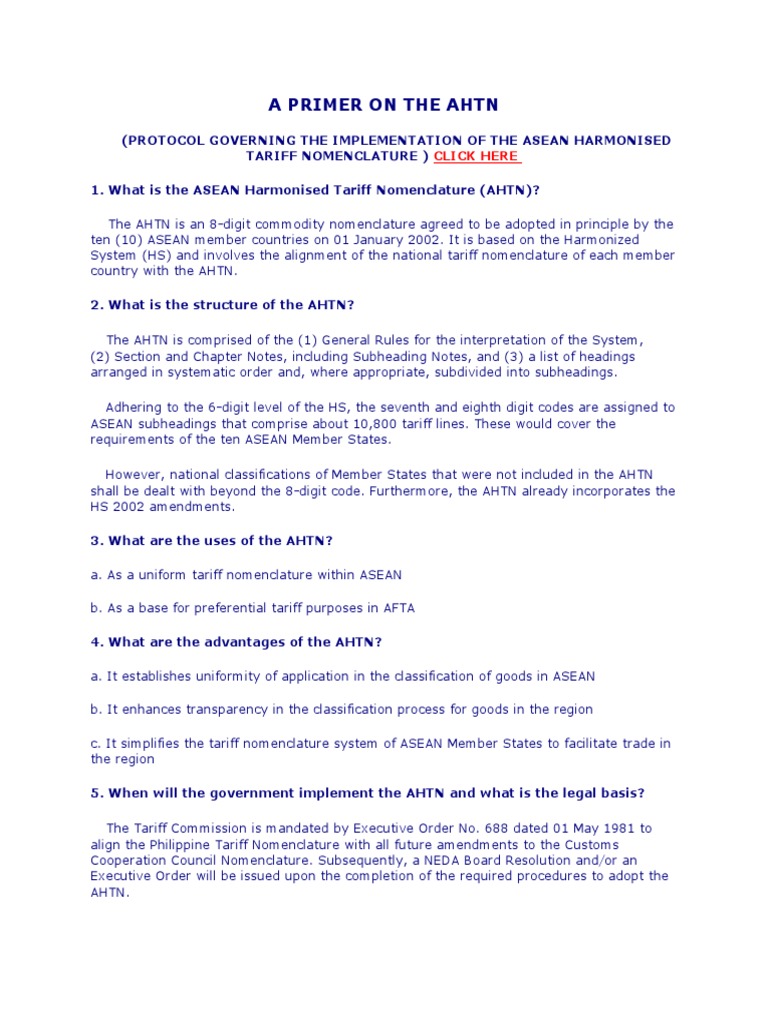 A Primer On The Ahtn | PDF | Asean Free Trade Area | Tariff