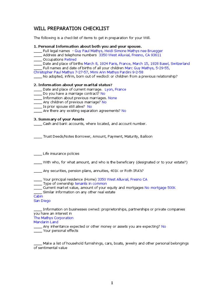 Will Preparation Checklist: 1. Personal Information About Both You and ...