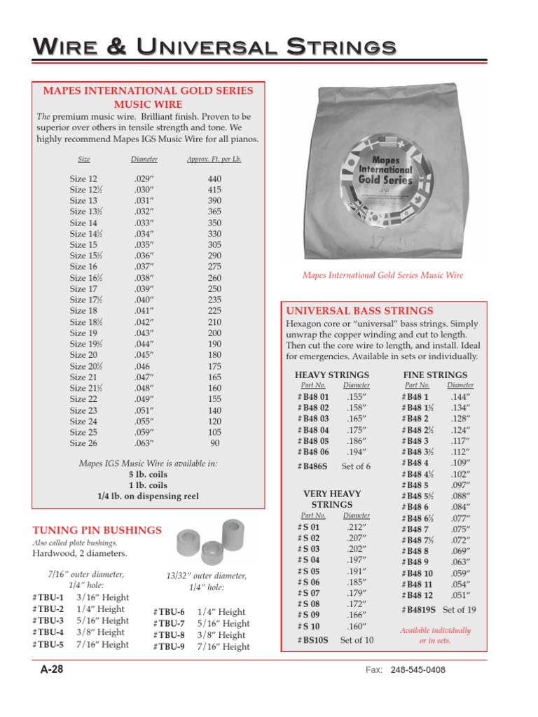 Product Specifications and Ordering Information for Mapes International Gold Series Music Wire ...