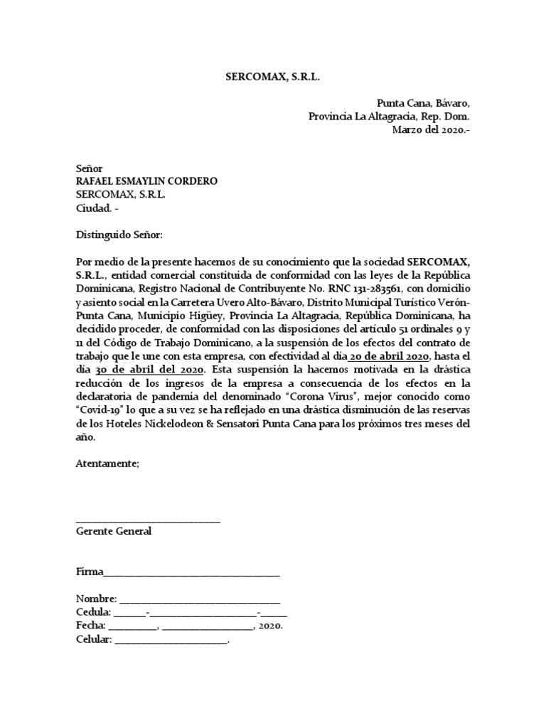 Carta de Suspension Laboral Covid-19 | PDF Carta de Suspension Laboral Covid-19 | PDF