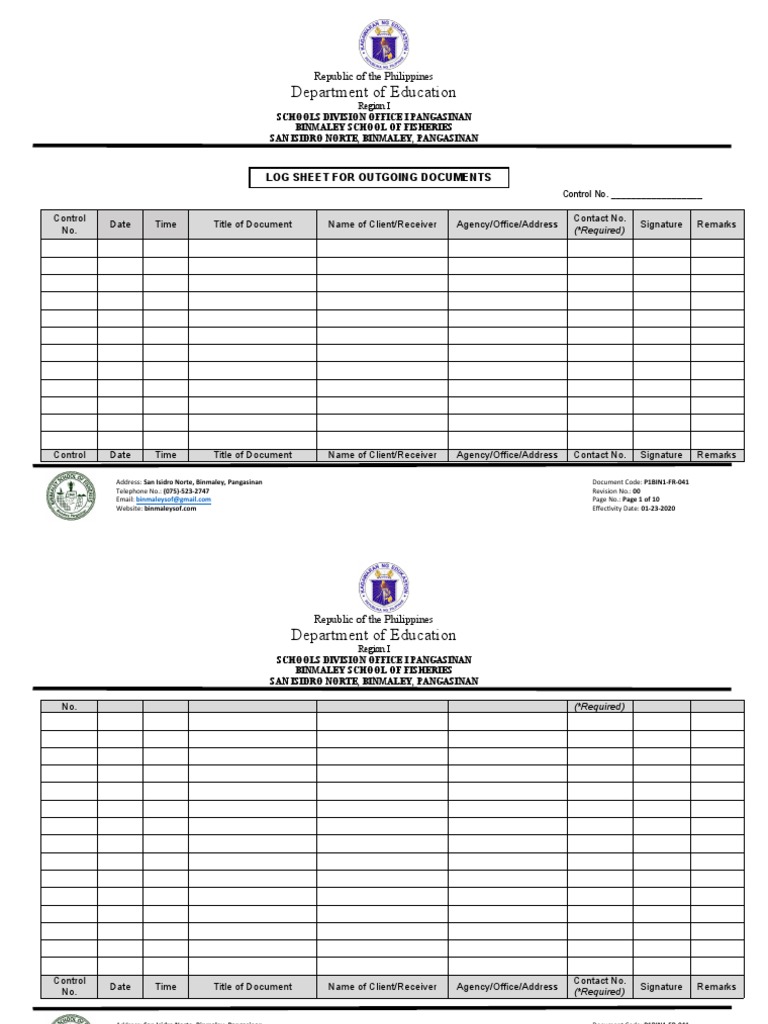 P1bin1-Fr-041 Log Sheet For Outgoing Documents | PDF | Communication ...